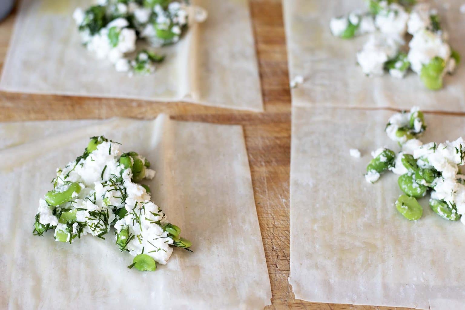 Filo parcels with feta, broad beans and dill - Sneaky Veg